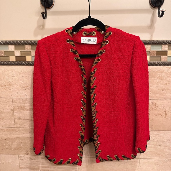 St. John | Jackets & Coats | St John Red Jacket With Cheetah Trissize 6 ...